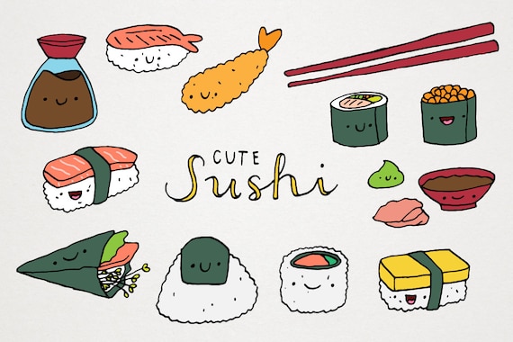 Cute Sushi Clipart Set Kawaii Sushi Illustrations Japanese | Etsy