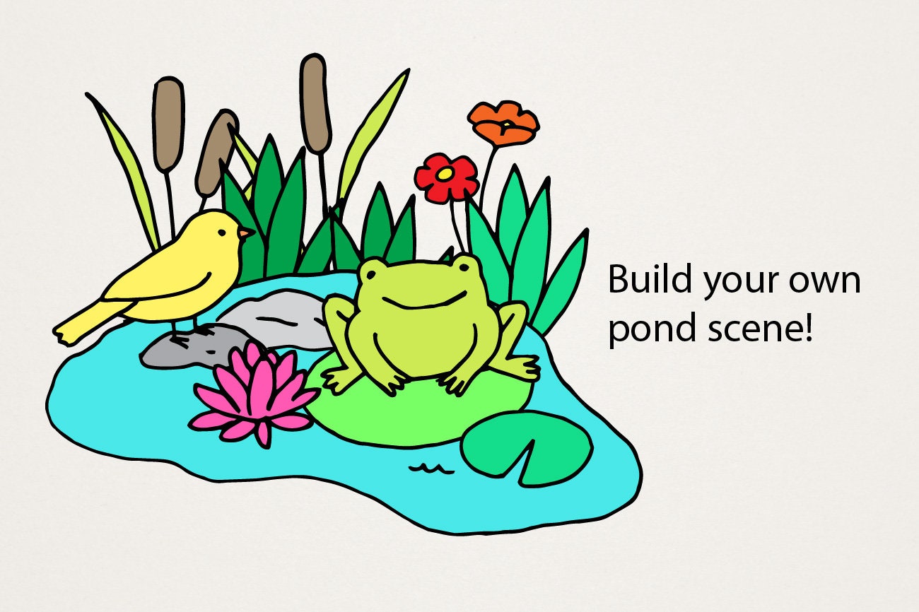 Pond Life Clipart Set - Frogs, Toads, Fish Birds & Plants Illustrations ...