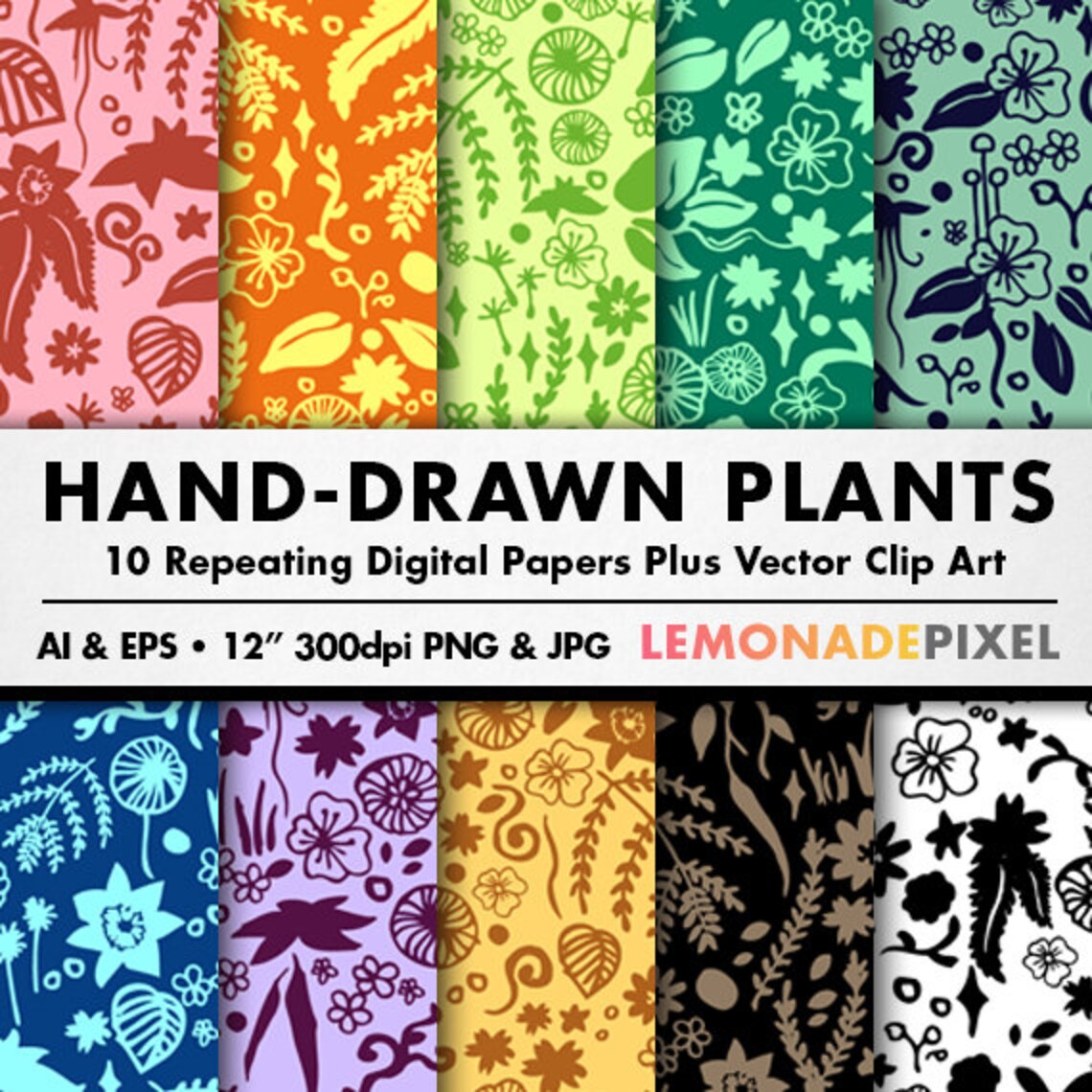 Floral Digital Paper & Clipart - Flowers and Leaves, Colorful ...