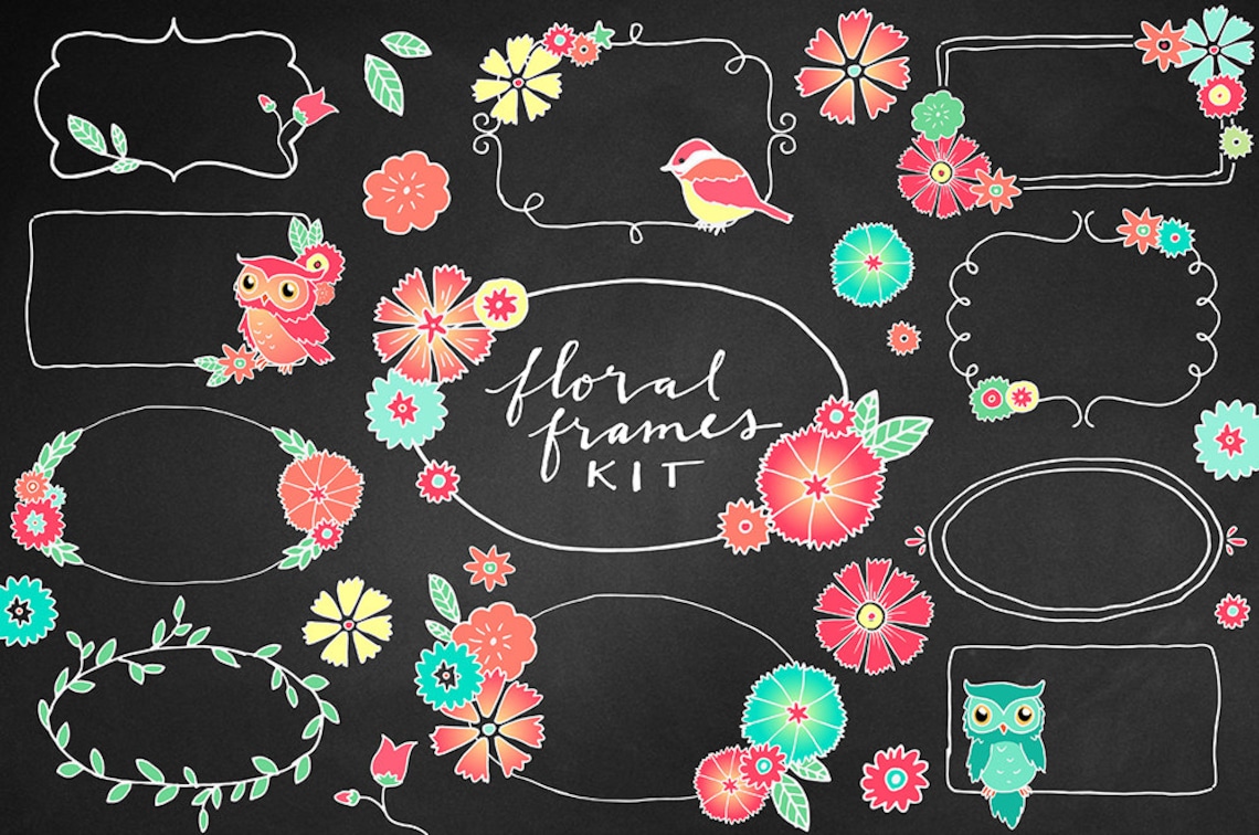 Chalkboard Floral Frames Clipart Colorful Flowers Borders - Etsy