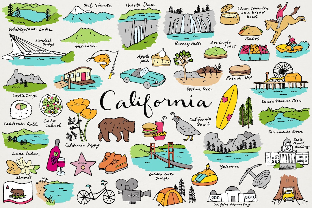 California Illustrations Clipart Set - Hand Drawn State Monuments and ...