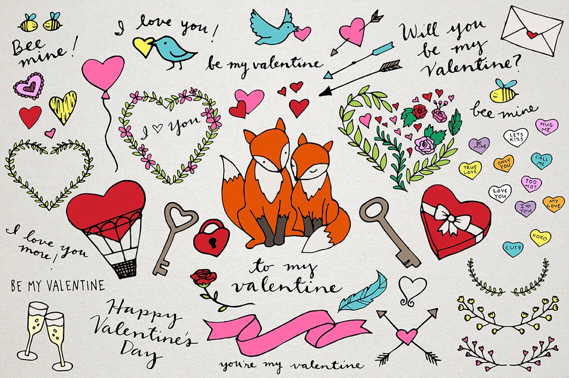 Valentine's Day Clipart Hand Drawn Clipart Valentines - Etsy