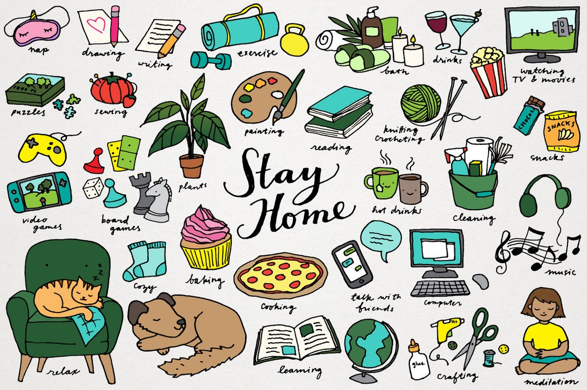 Stay Home Quarantine Clipart Set Stuff to Do at Home Social - Etsy