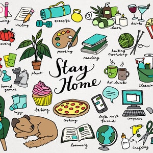 Stay Home Quarantine Clipart Set - Stuff to Do at Home, Social ...