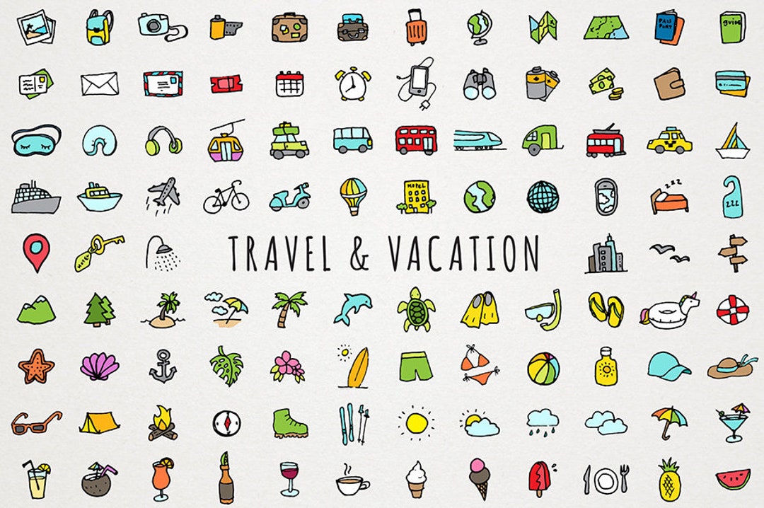 Travel Icons Clipart Set - Vacation Icons, Wanderlust Clipart, Tropical ...