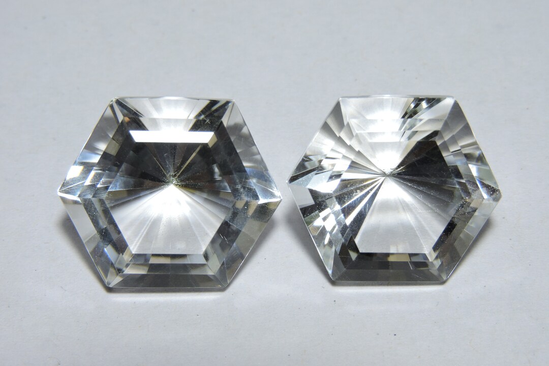 1 Matched Pair Natural Rock Crystal Quartz Diamond Cut Hexagon ...