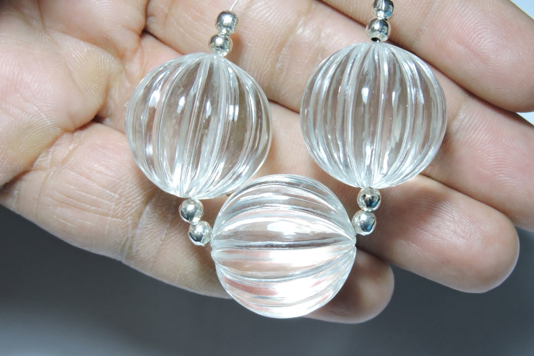 3 Pieces Natural Himalayan Rock Crystal Quartz Carved Melon / Round ...