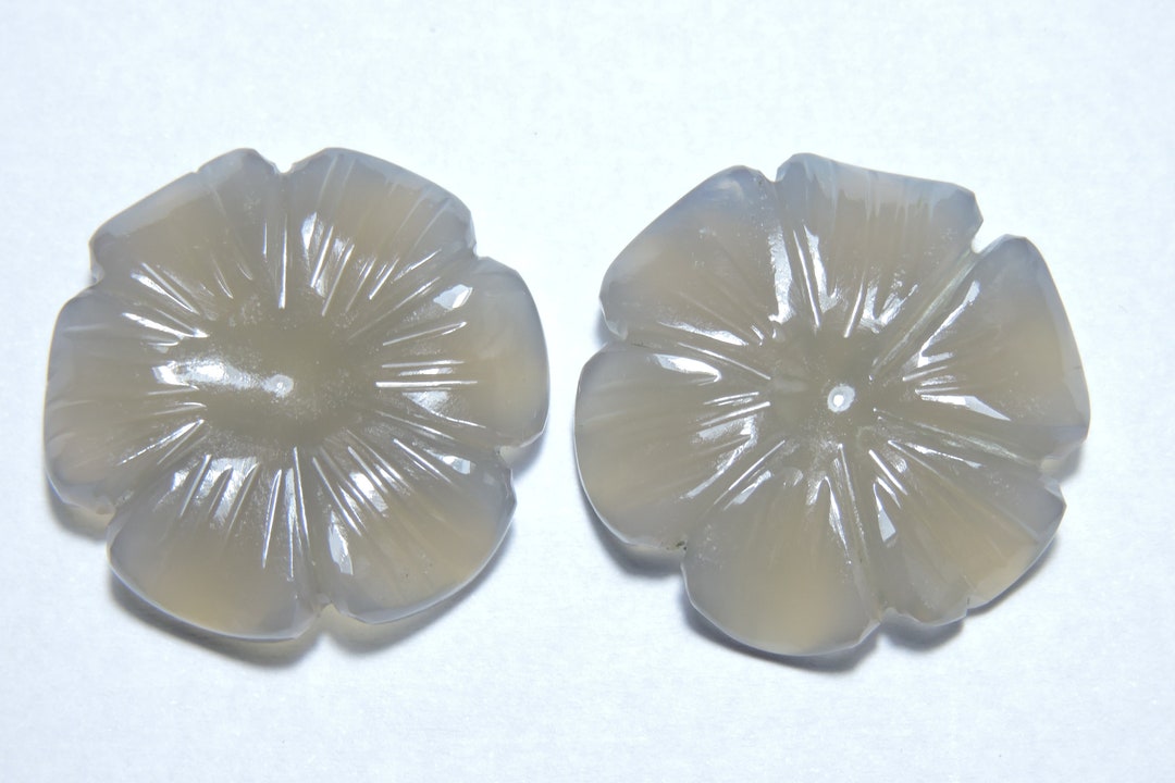2 Stück Natürliche Graue Chalcedon geschnitzte Blumen / Edelstein ...
