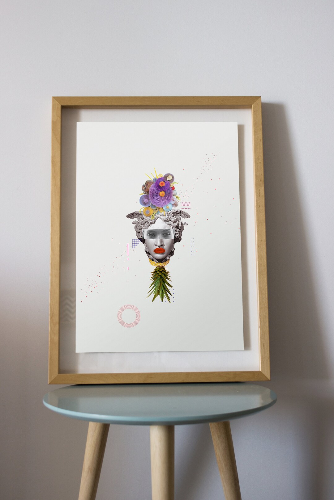Medusa Woman Collage Art Print: Surreal Statue With Flowers (digital ...