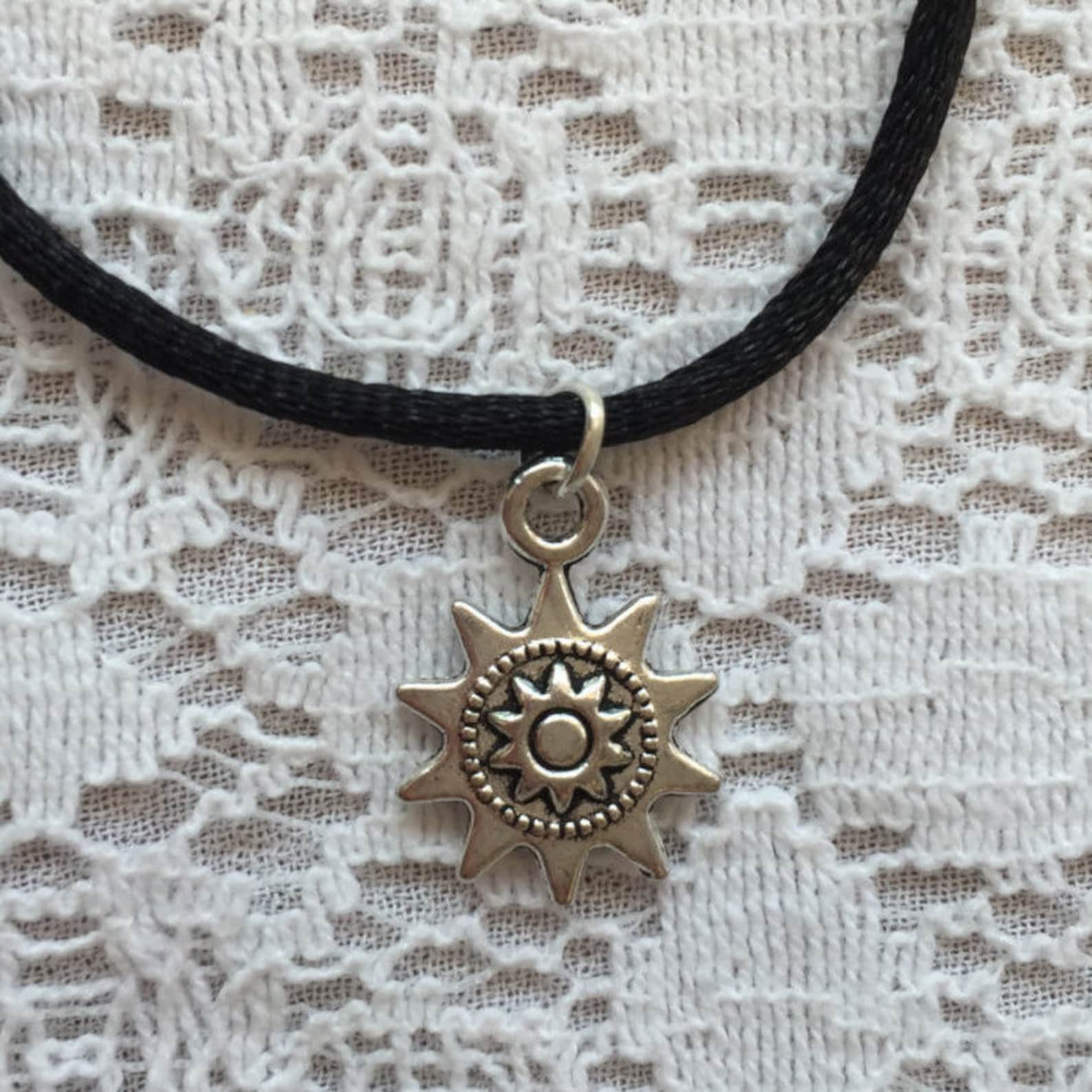 Sun Choker Necklace Silver Sunflower 90s Choker Necklace on Black Cord ...