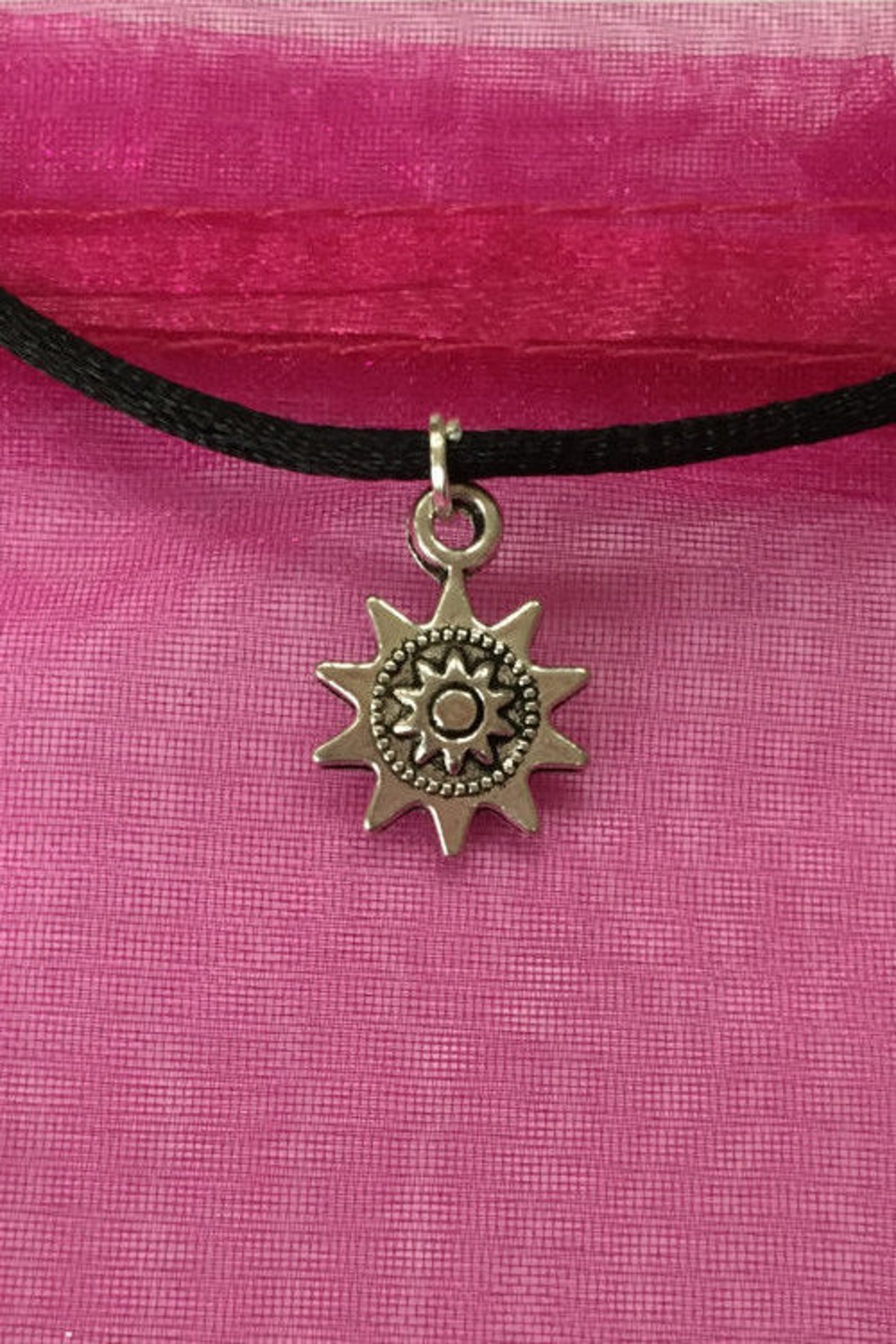 Sun Choker Necklace Silver Sunflower 90s Choker Necklace on Black Cord ...
