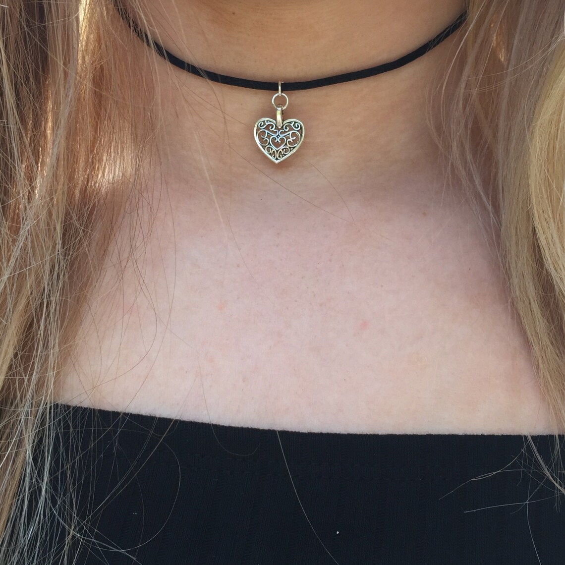 Heart Choker Necklace 90s Choker Necklace Black Cord Choker - Etsy