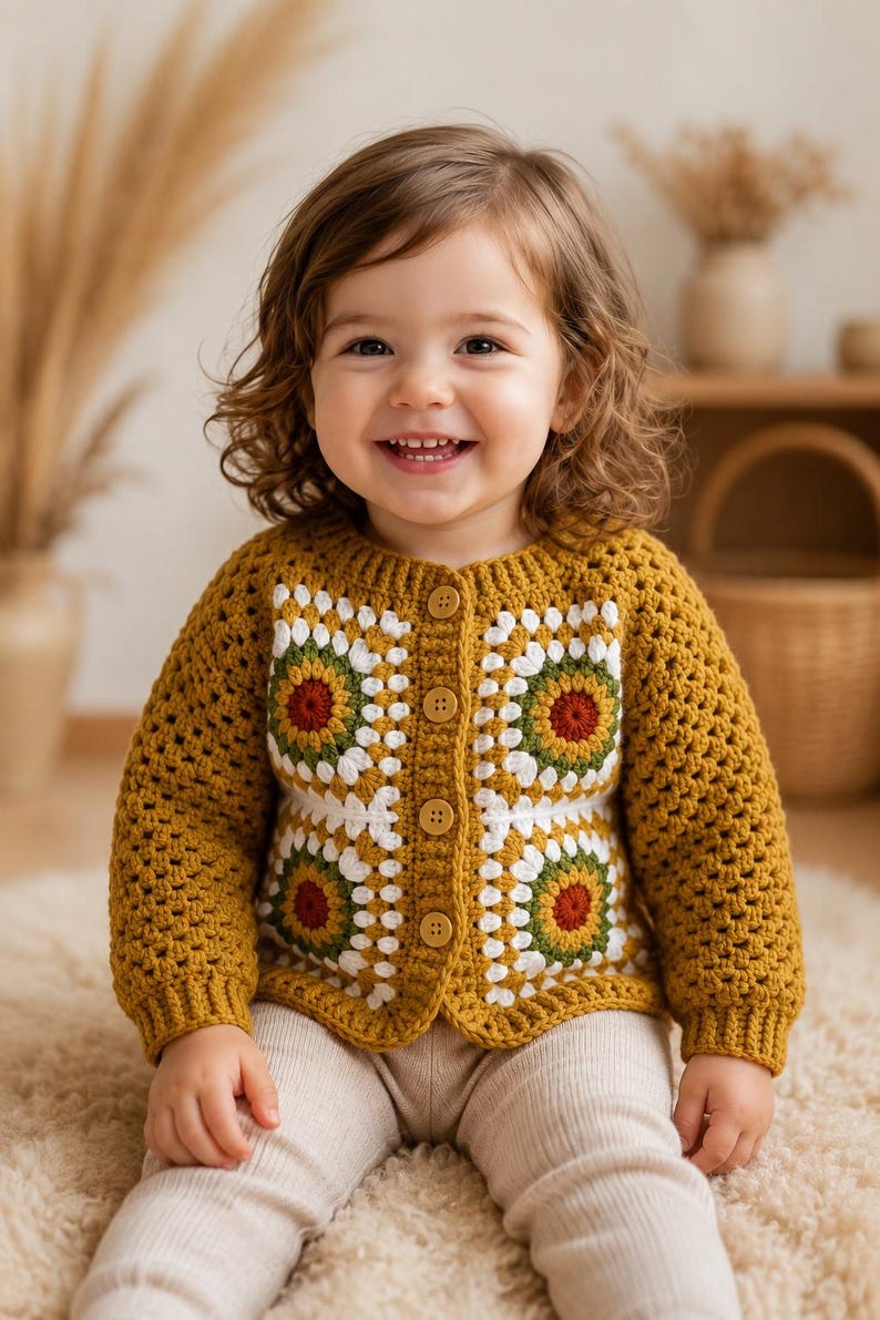 Daisy Granny Square Baby Crochet Cardigan Pattern, Floral Crochet Baby ...