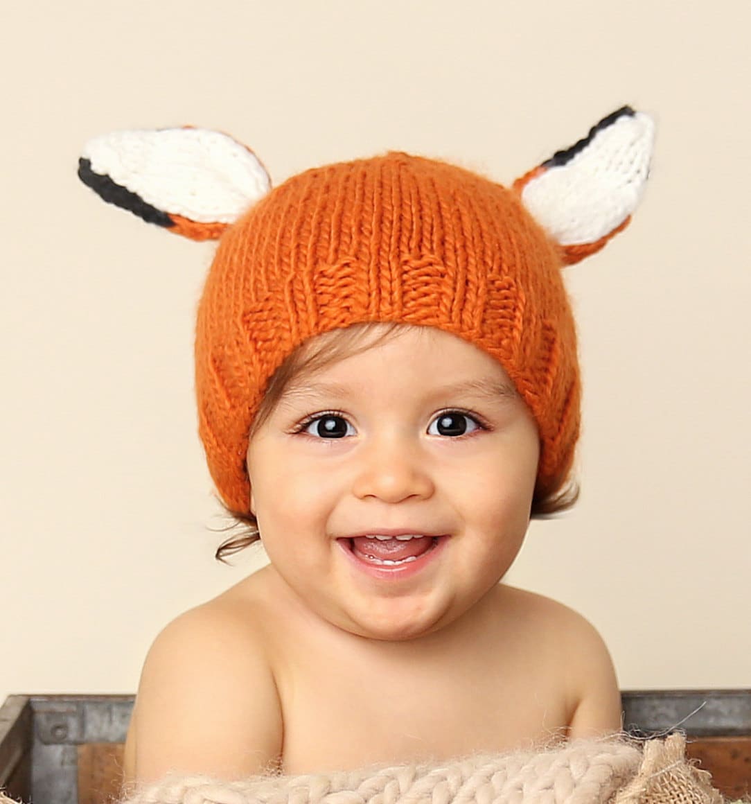 Fox Hat in Orange With White and Black Ears Hand-knit for Baby | Etsy
