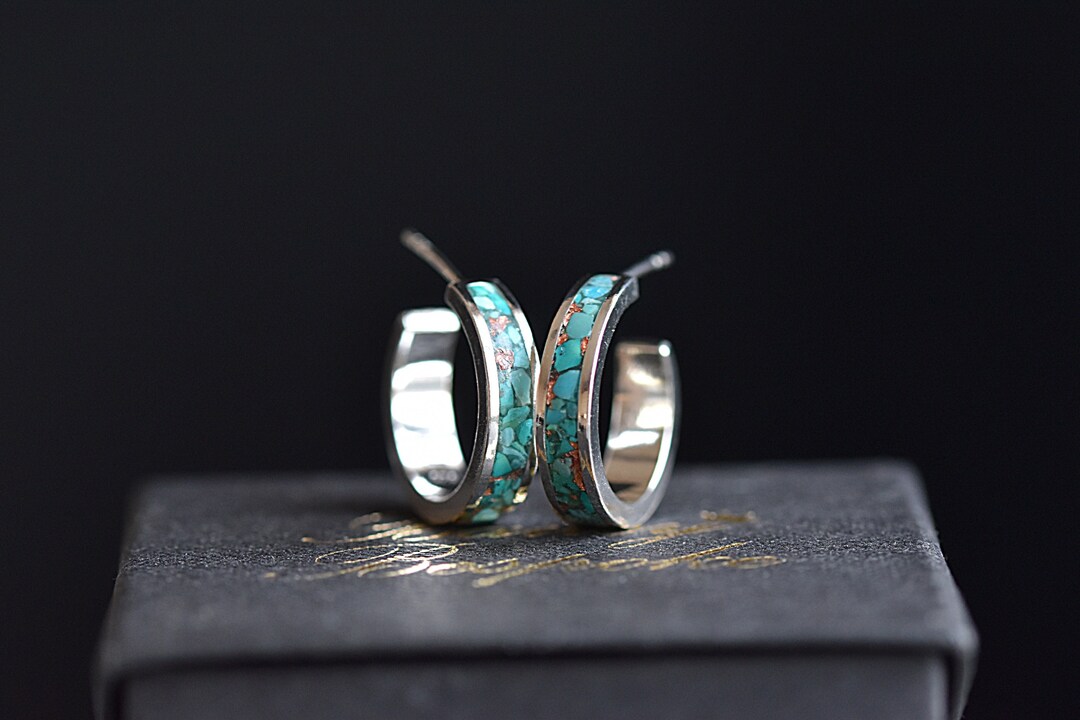 Crushed Turquoise Inlay Hoop Earrings - 100% Recycled Sterling Silver ...