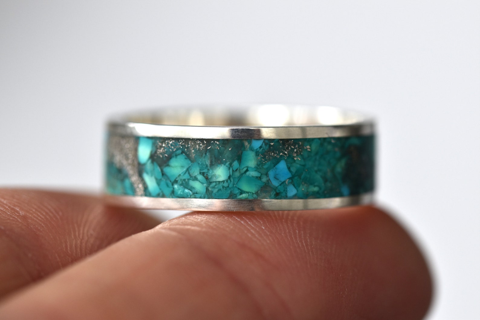 Crushed Turquoise Sterling Silver Inlay Unisex Ring | Etsy