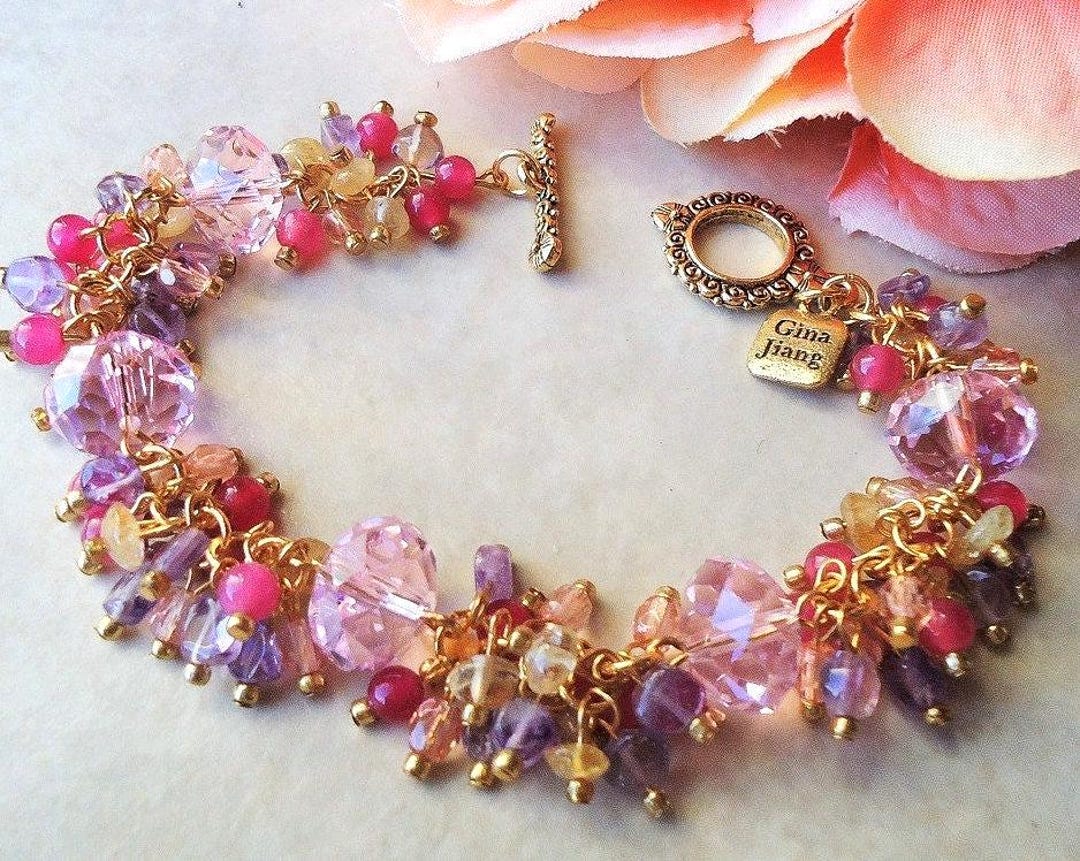 Pink Gemstone Cluster Bracelet: Citrine, Amethyst, Rose Quartz, Jade ...