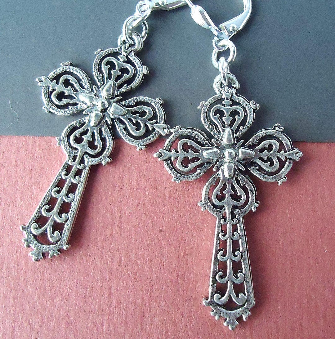 Cross Dangle Earrings Silver Metal Clip on Earrings Religious Spiritual ...