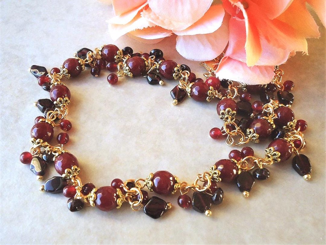 Multi Gemstones Cluster Necklace Ruby Jade Garnet Red Gold Silver Bridal Statement Formal ...