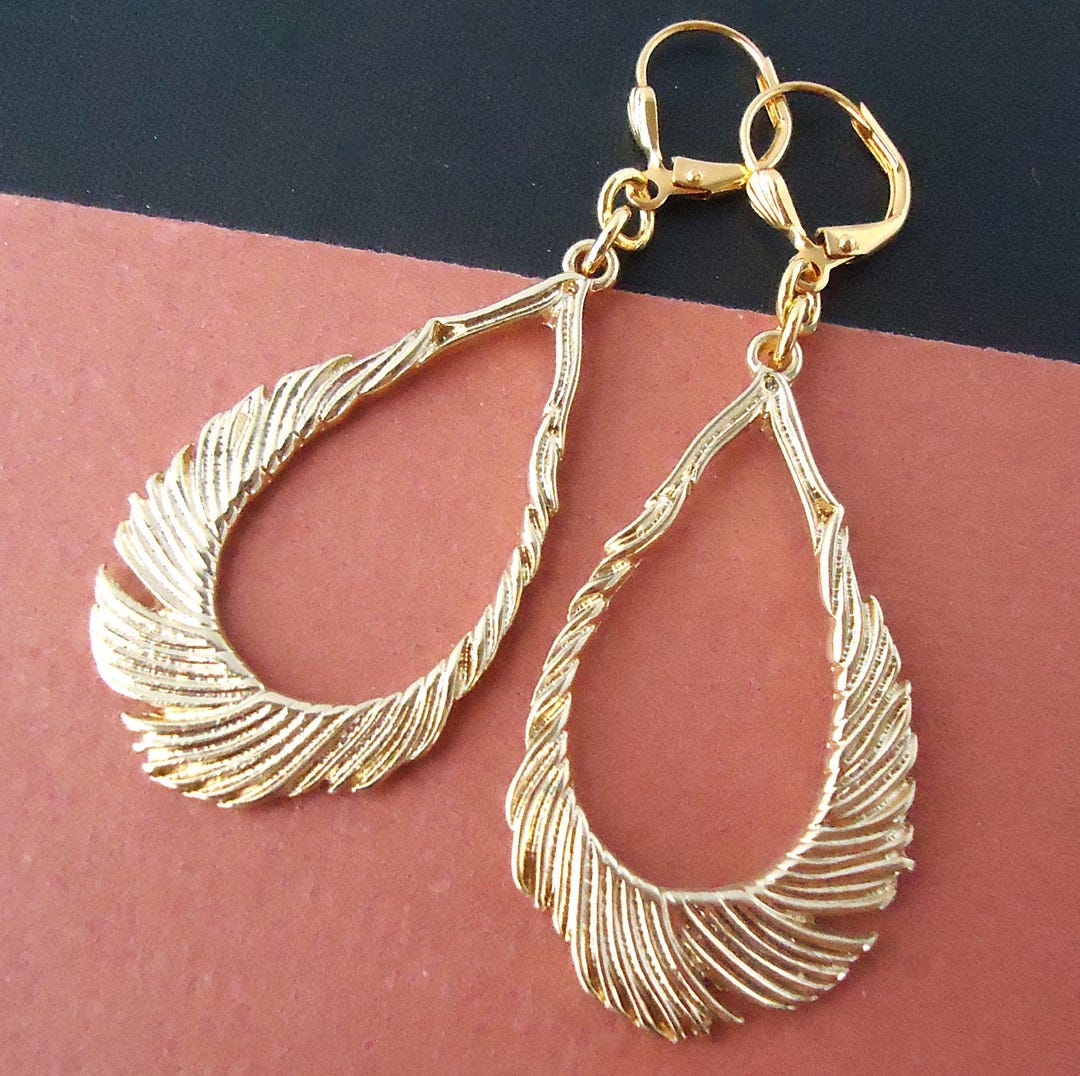 Gold Feather Hoop Dangle Earrings: Sculpted Metal Statement Jewelry ...