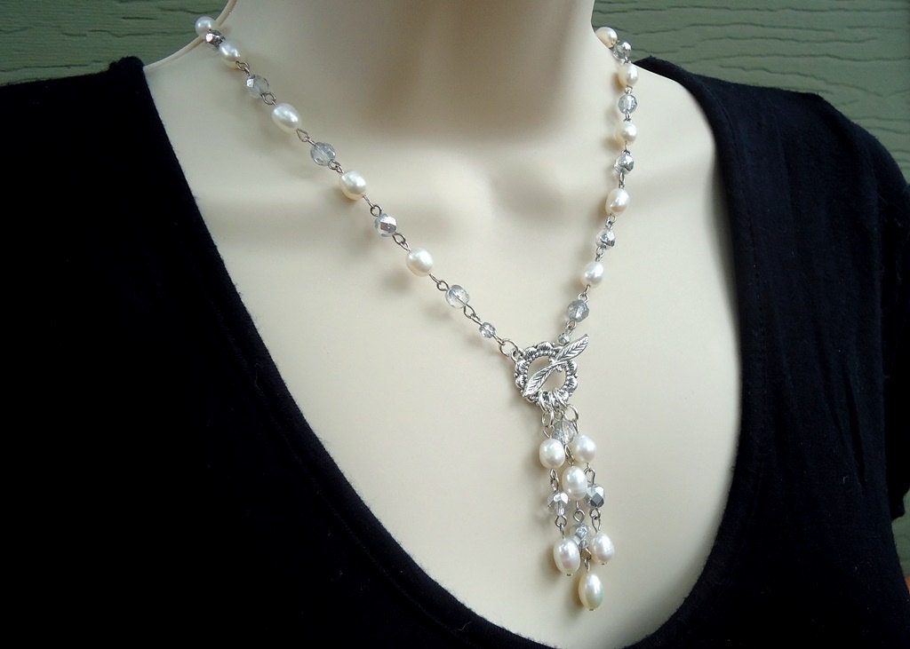 Freshwater Pearl Lariat Necklace Crystal Toggle Plated In Etsy