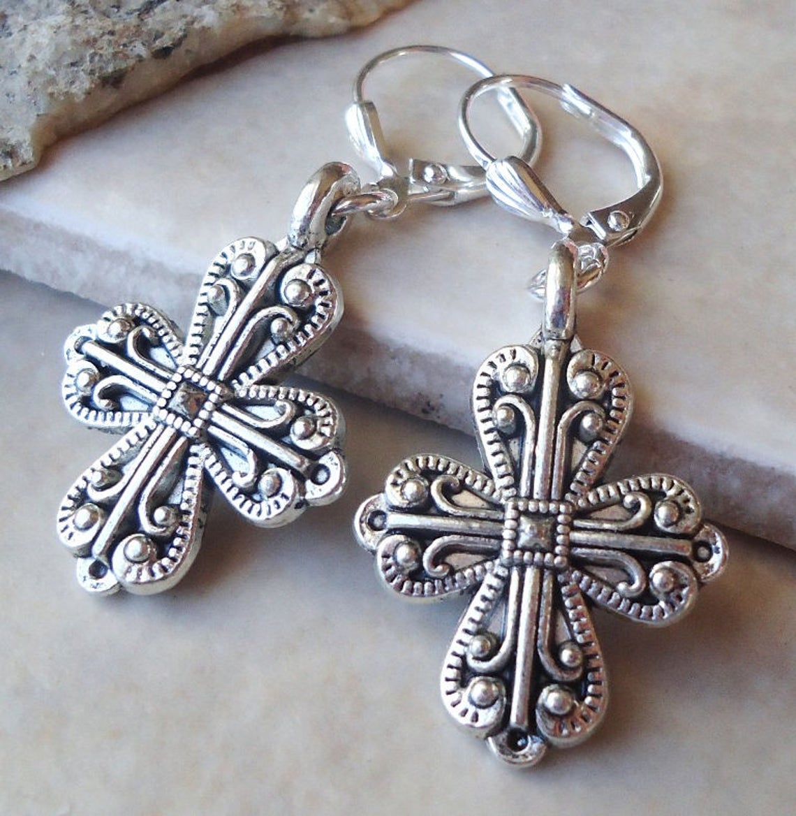 Sculpted Silver Cross Metal Dangle Earrings: Christian Religious ...