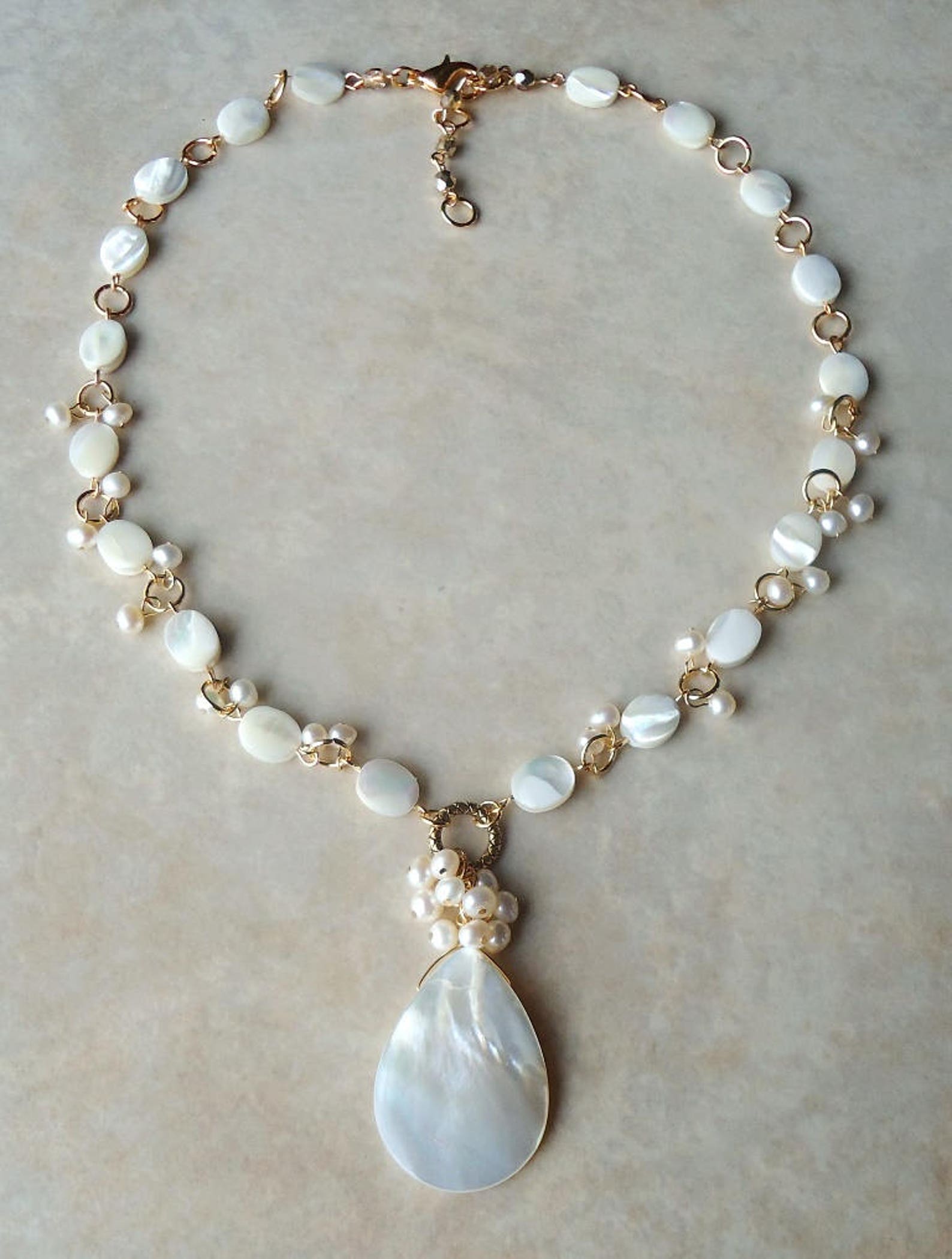 Mother of Pearl Pendant Necklace: Freshwater Pearl Cluster, Bridal MOP ...