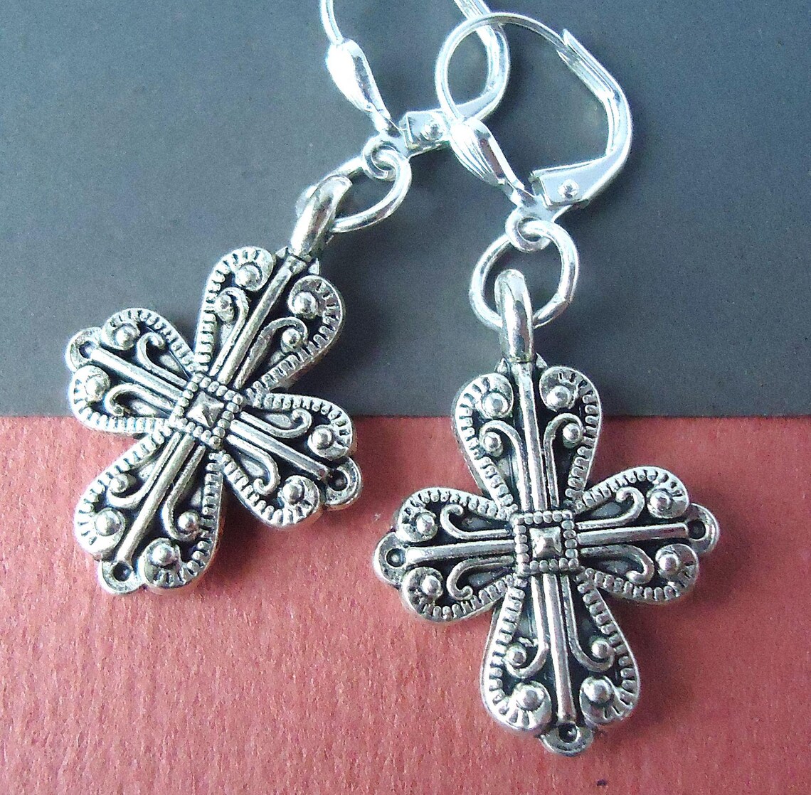 Sculpted Silver Cross Metal Dangle Earrings: Christian Religious ...