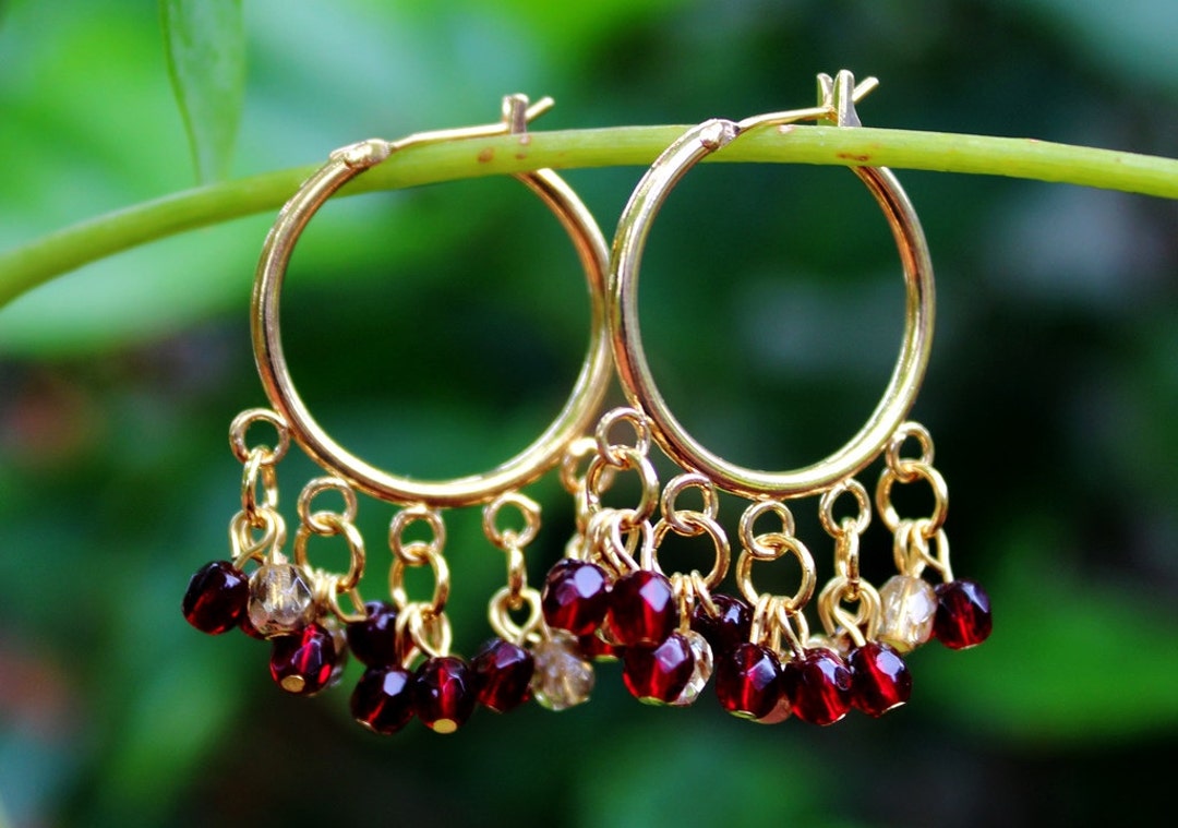 Garnet Red Crystal Hoop Dangle Earrings 18K Gold Plated Chandelier ...