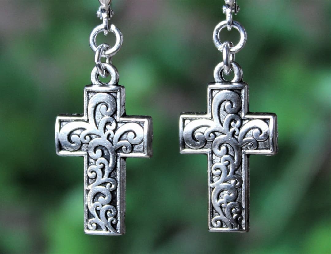 Sculpted Silver Cross Metal Dangle Earrings: Religious Confirmation ...