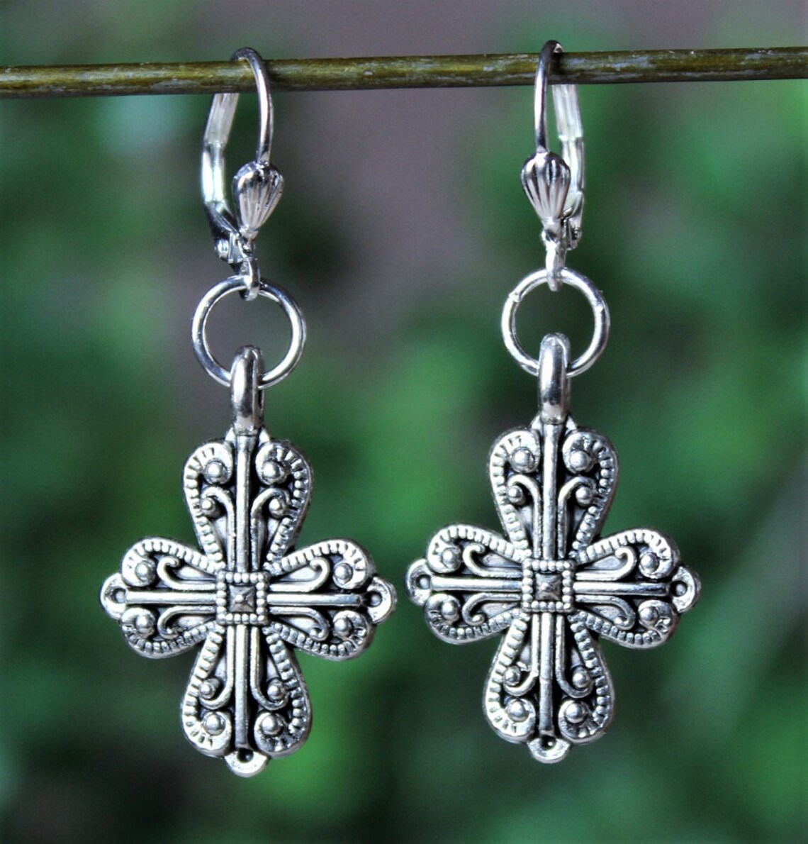 Sculpted Silver Cross Metal Dangle Earrings: Christian Religious ...