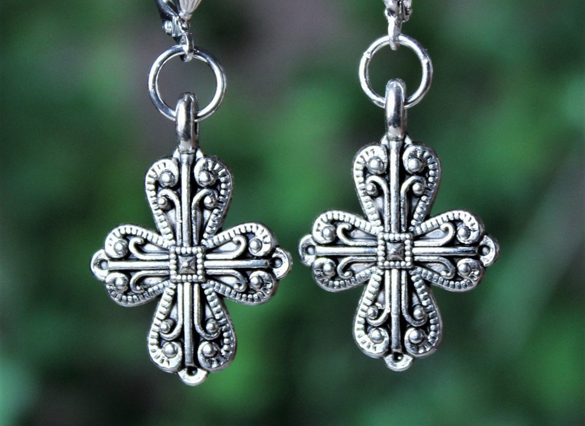 Sculpted Silver Cross Metal Dangle Earrings: Christian Religious ...