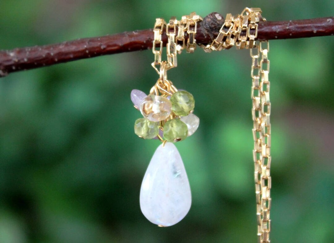 Rainbow Moonstone Pendant Necklace Multi Gemstone Gold Filled Chain ...