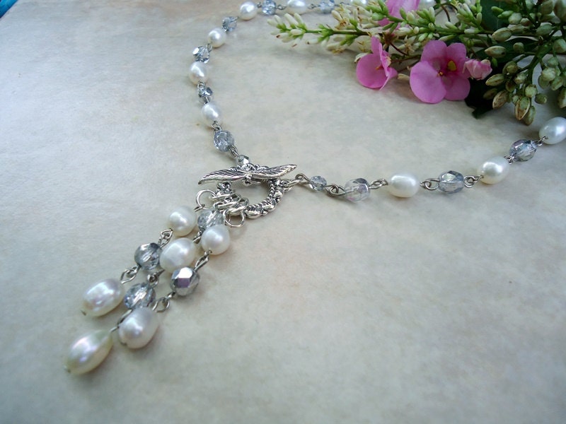Freshwater Pearl Lariat Necklace Crystal Toggle Plated In Etsy
