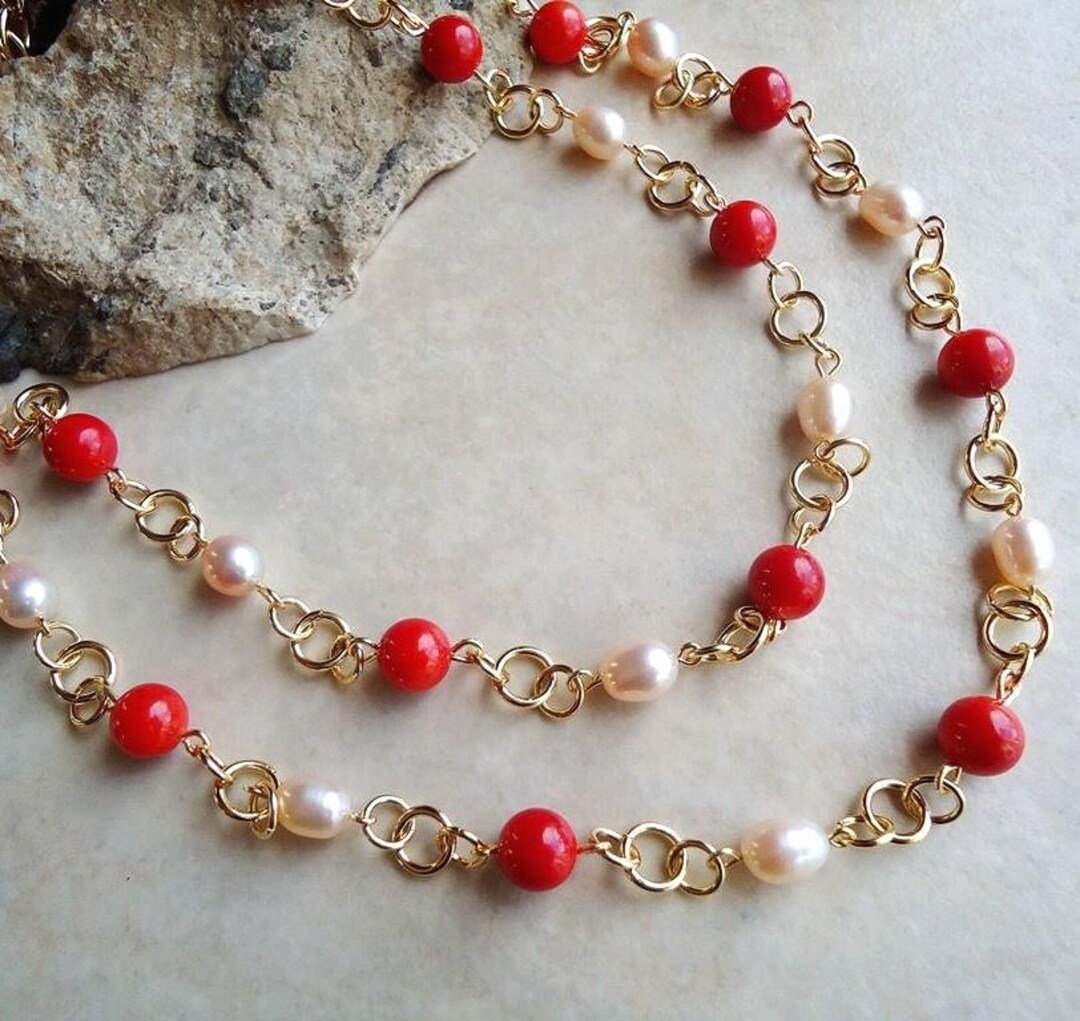 Red Coral Gemstone Long Necklace: Freshwater Pearl, Double Strand ...