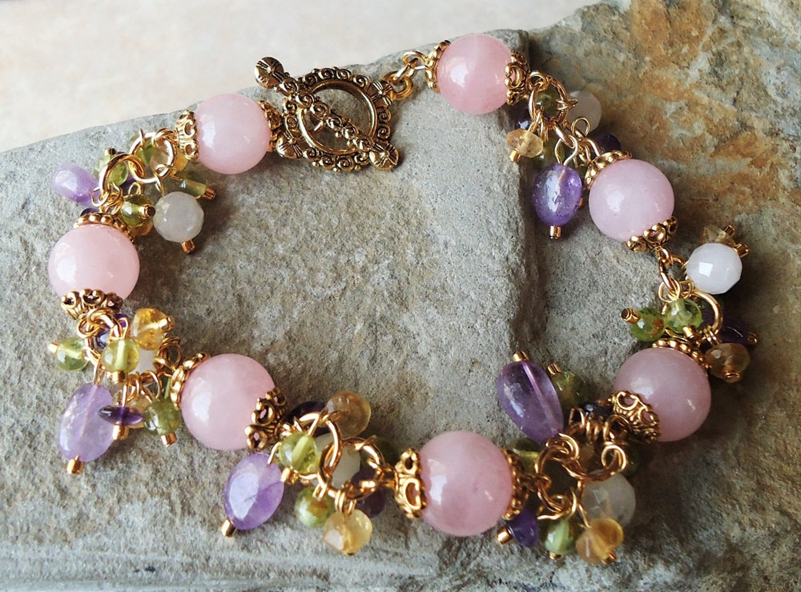 Rose Quartz Gemstone Cluster Bracelet Amethyst Citrine Peridot Pink ...