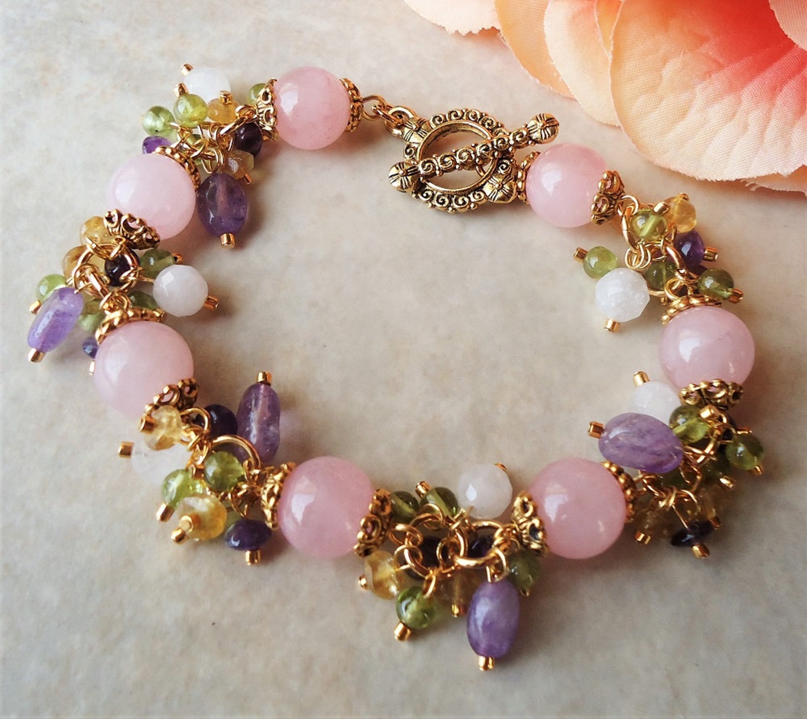 Rose Quartz Gemstone Cluster Bracelet Amethyst Citrine Peridot Pink ...