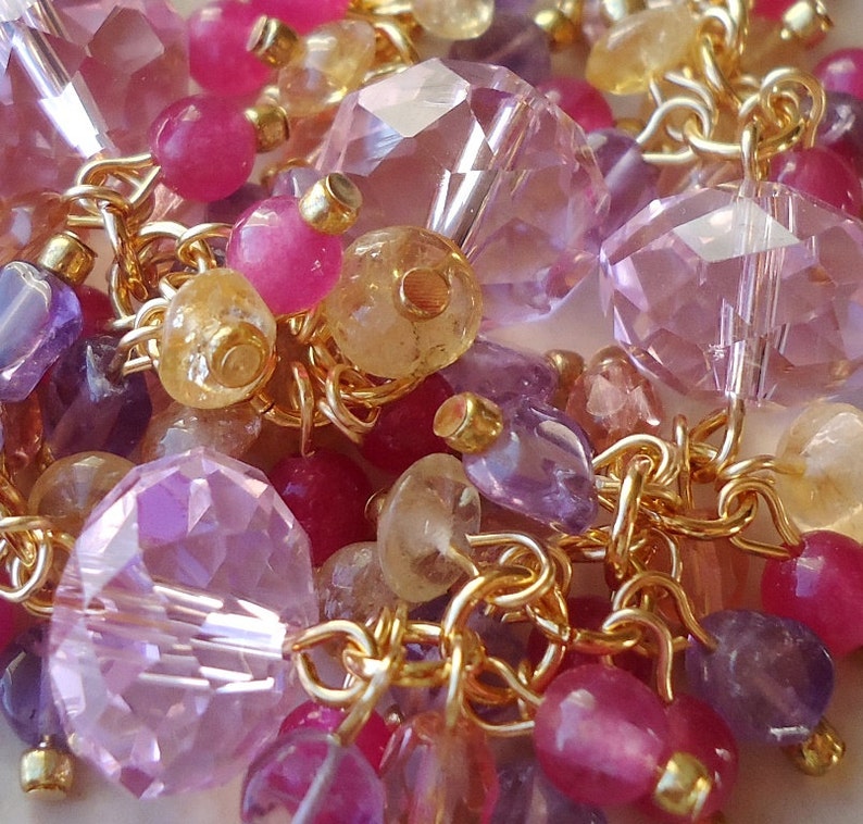 Pink Gemstone Cluster Bracelet: Citrine, Amethyst, Rose Quartz, Jade ...