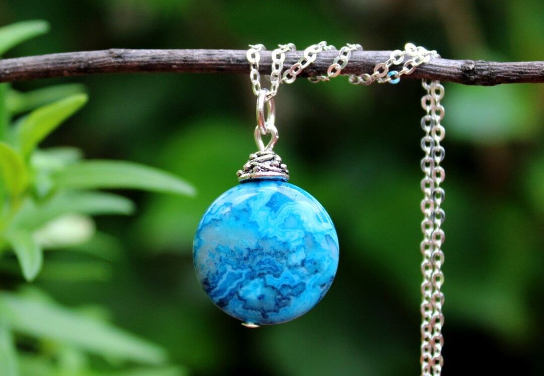 Blue Ocean Jasper Gemstone Pendant Necklace: Sterling Silver Chain ...