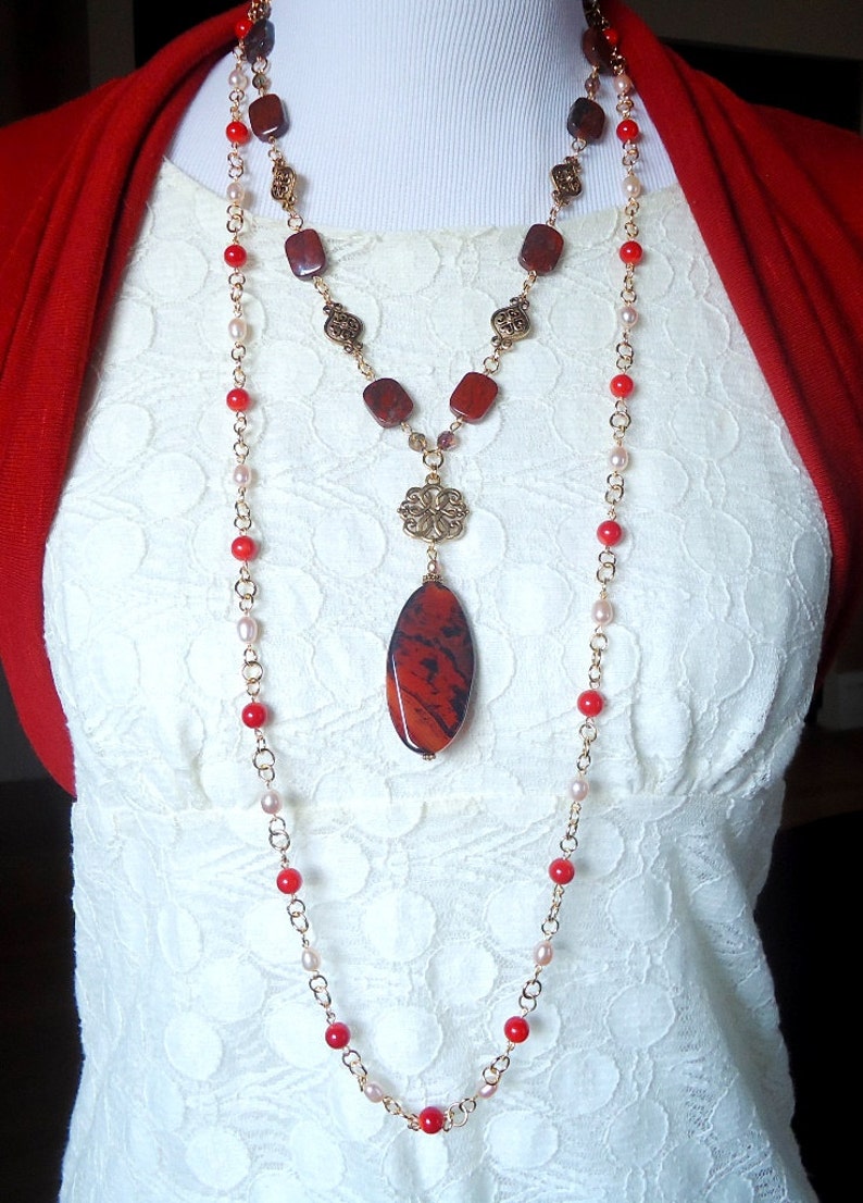 Red Coral Gemstone Long Necklace: Freshwater Pearl, Double Strand ...