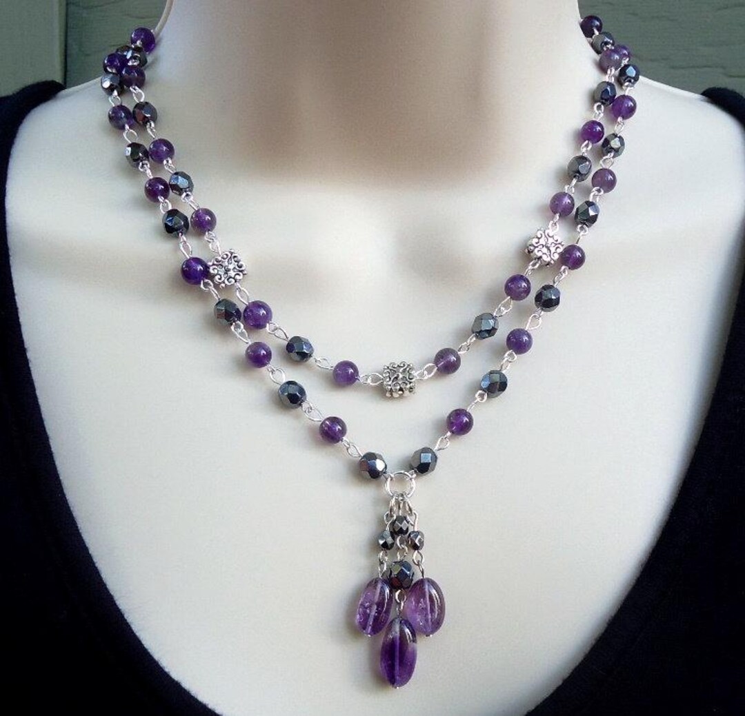 Amethyst Gemstone Necklace Double Strand Black Crystal Purple Beaded ...