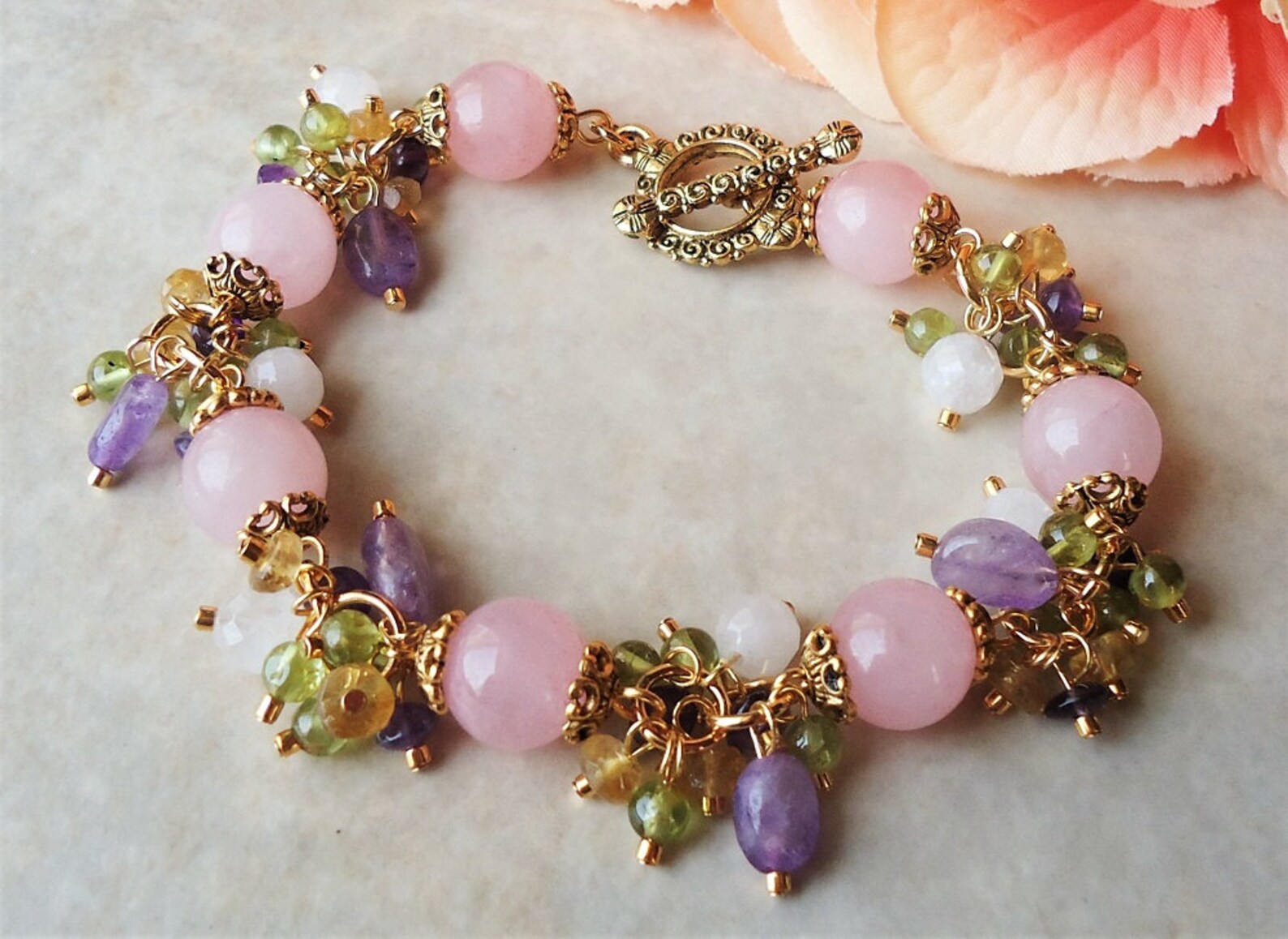 Rose Quartz Gemstone Cluster Bracelet Amethyst Citrine Peridot Pink ...