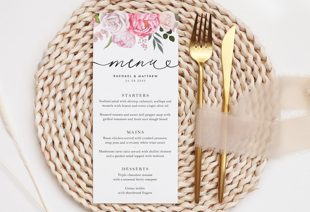 Pink Peony Menu Cards, Elegant Rose Floral Wedding Breakfast Menu ...