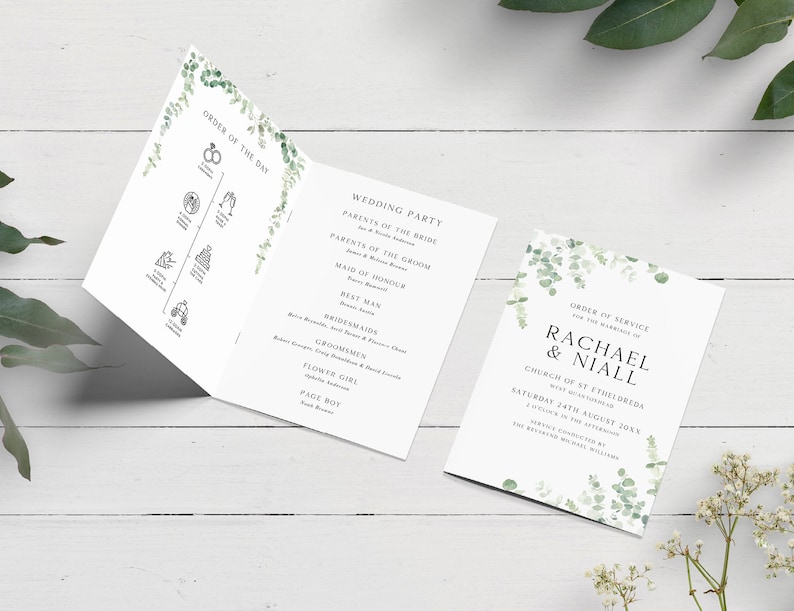 Eucalyptus Wedding Order of Service, Simple Order of Service Booklet ...