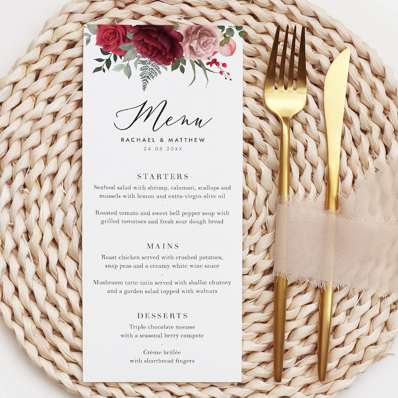 Red Rose Wedding Menu - Etsy