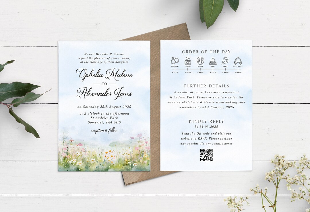 Wildflower Floral Wedding Invite, Watercolour Blue Sky Invitation, All ...