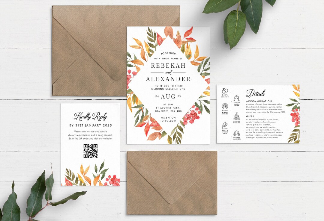 Autumn Leaves Wedding Invitation, Floral October November Wedding ...