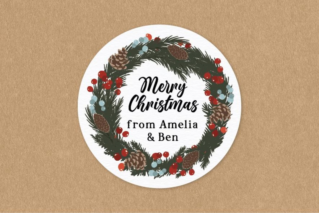 Merry Christmas Wreath Stickers, Personalised Christmas Gift Labels ...