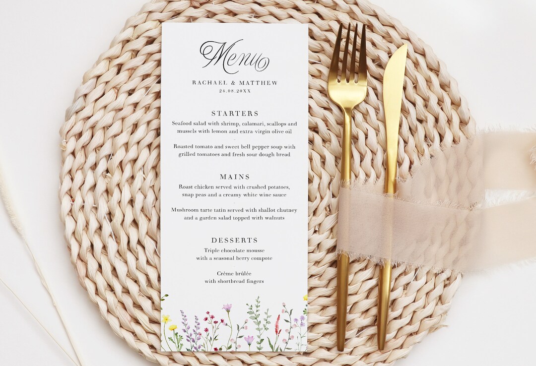 Wildflower Wedding Menus, Printed Floral Printed Menu Cards for ...