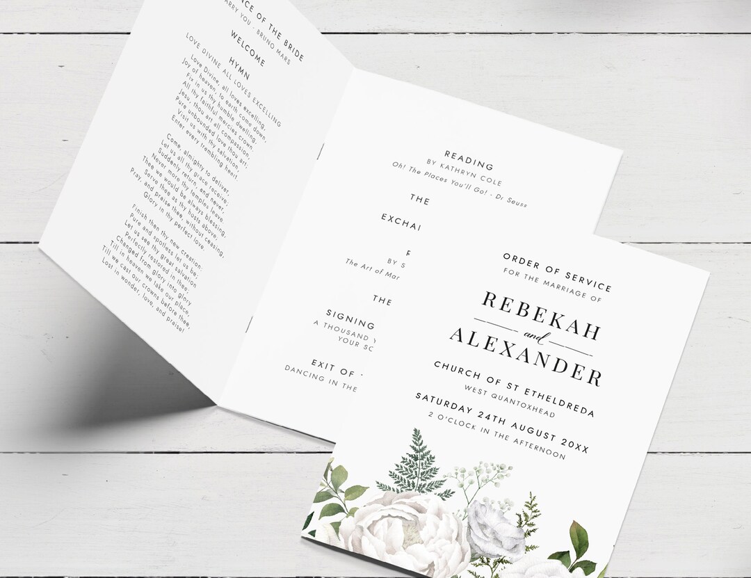 White Rose Wedding Order of Service Program: Greenery Ceremony ...